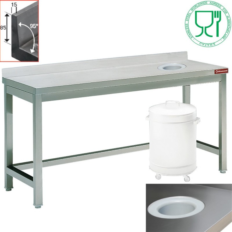 Table inox avec trou vide ordure pour poubelle en dessous