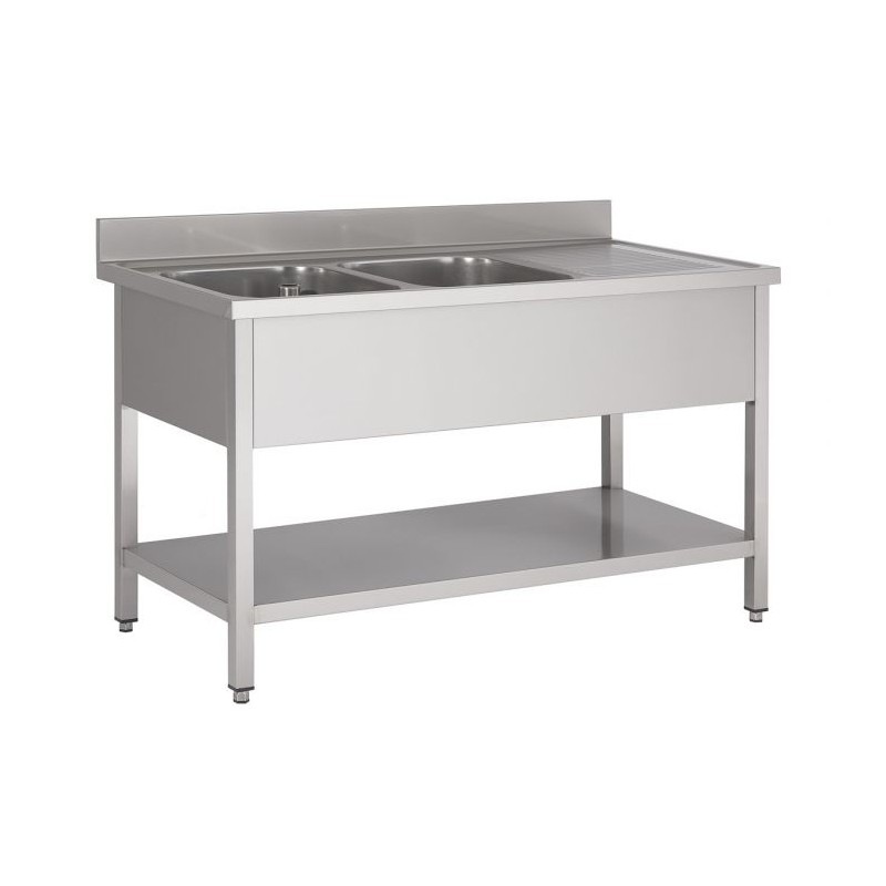 Plonge inox 2 bacs avec dosseret avec étagère et égouttoir à droite- 1600 x 700 x 850 mm