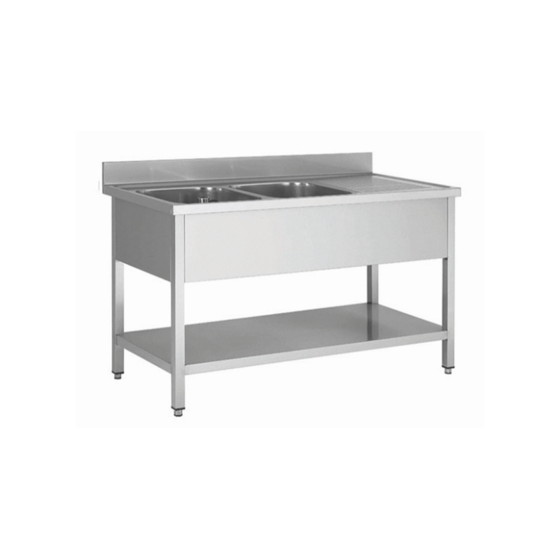 Plonge 2 bacs avec égouttoir à droite et étagère - 1800 x 600 x 850 mm - Skyrainbow