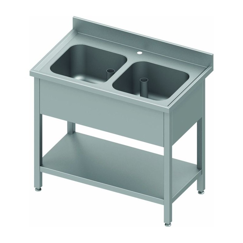 Plonge inox double bac sans égouttoir et 1 étagère - 1200 x 700 x 900 mm