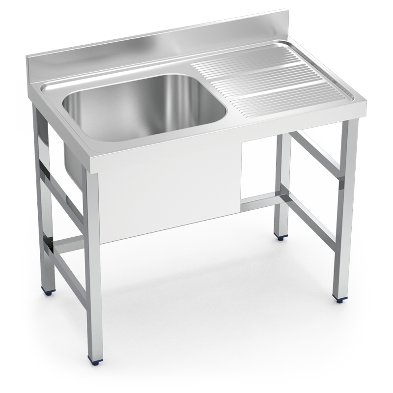 Plonge inox sur pied avec bac à gauche et égouttoir à droite - 1300 x 600 x 850 mm