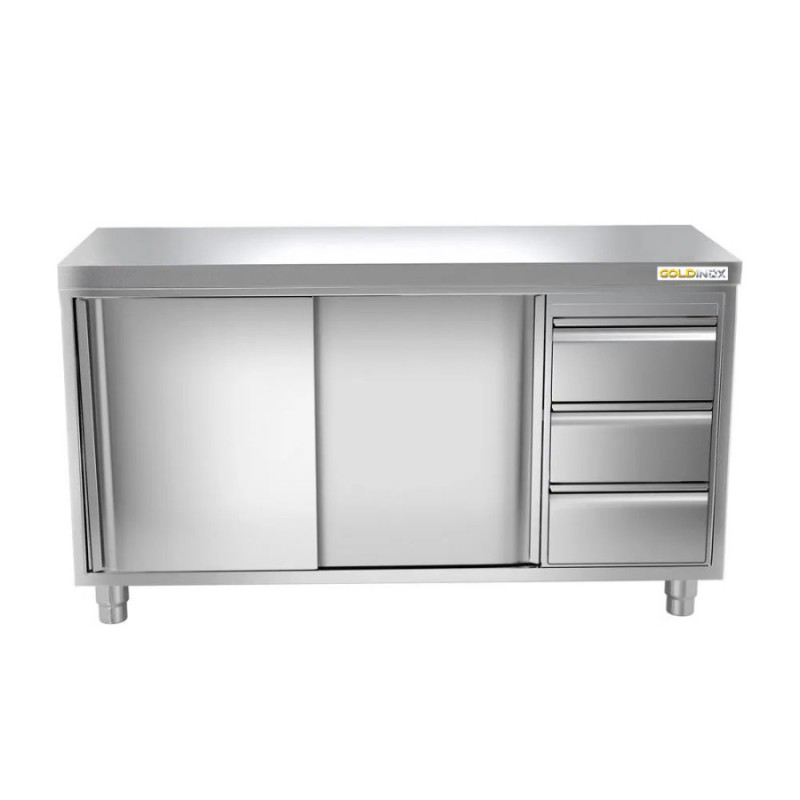 Meuble Bas Inox avec Portes Coulissantes et Tiroirs - Design Moderne et ...